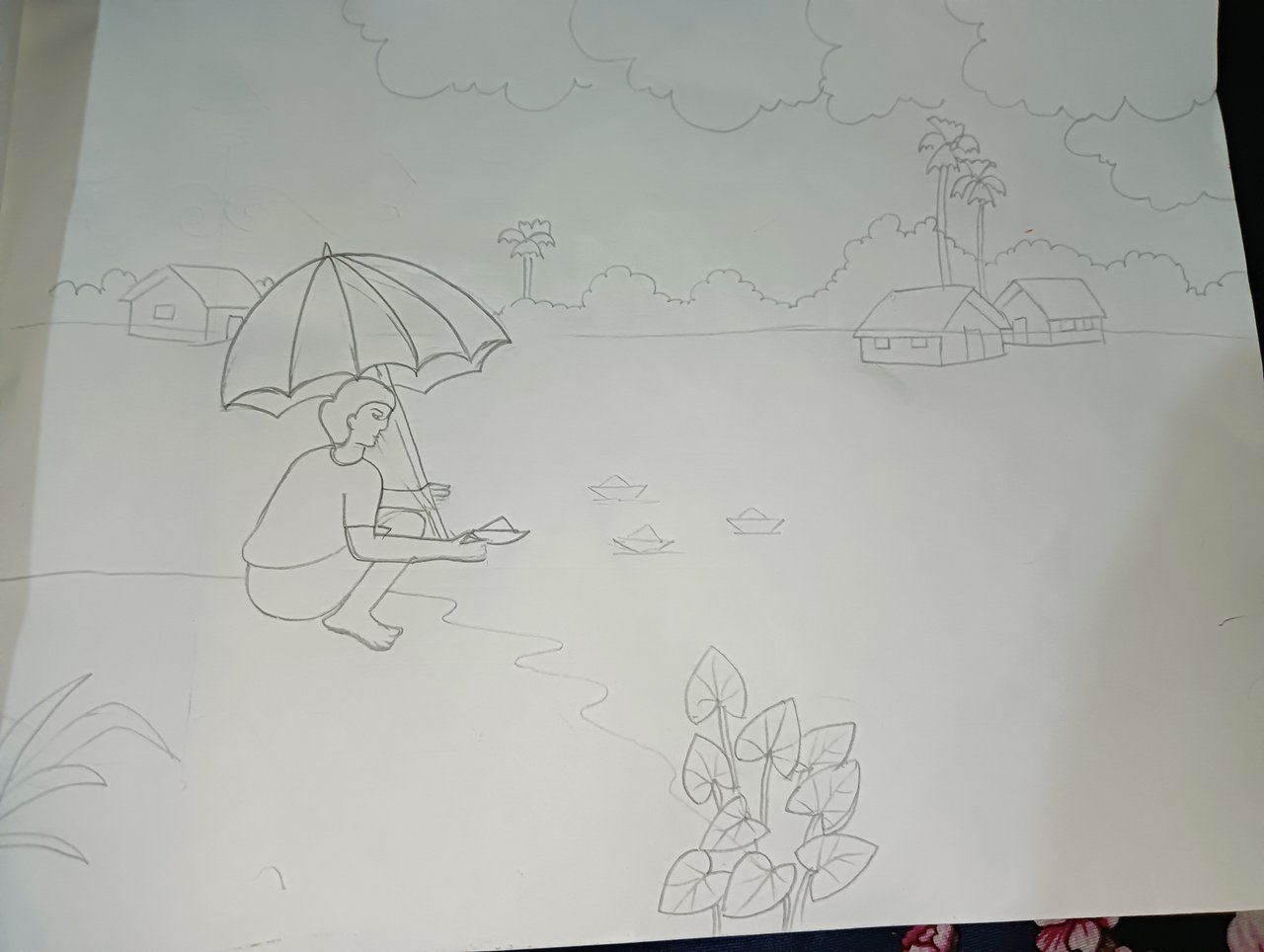 how to draw scenery of rainy day