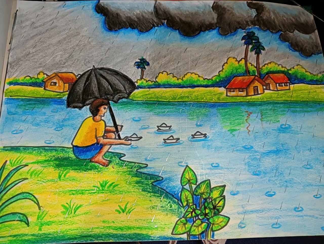 how to draw scenery of rainy day