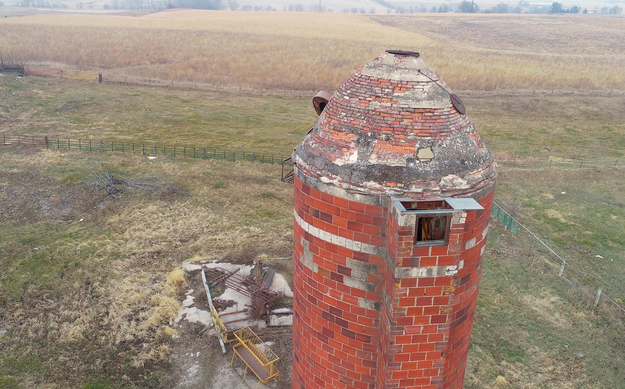 Vintage Brick Silo on an Iowa Farm from the drone - Historic Struct...