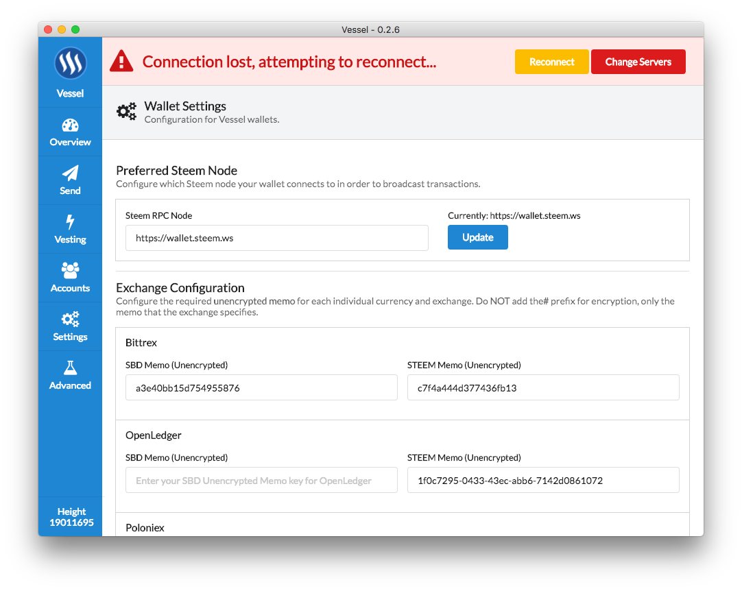 Vessel 0.2.6 - Server selection + disconnected status message