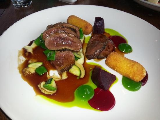 Springbok, croquettes with beetroot, strawberries and pepper jus. D...