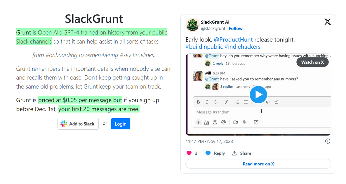 Grunt - GPT-4 Slack bot trained on your Slack's public history | Steemhunt