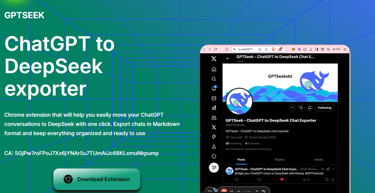GPTSeek - Export chats from ChatGPT to DeepSeek Chat in 1-click | Steemhunt