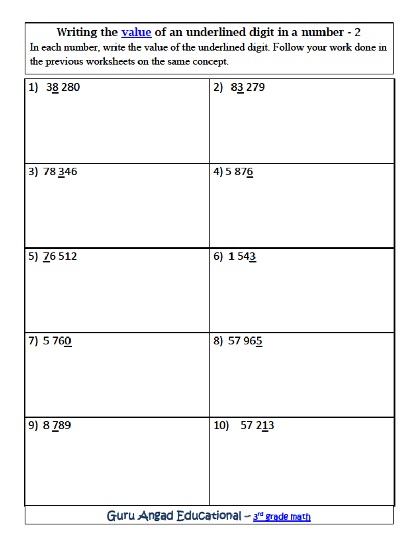 3RD GRADE MATH - VALUE OF AN UNDERLINED DIGIT IN A NUMBER WORKSHEETS ...