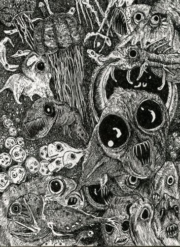 Fish of the abyss. Pen drawing
