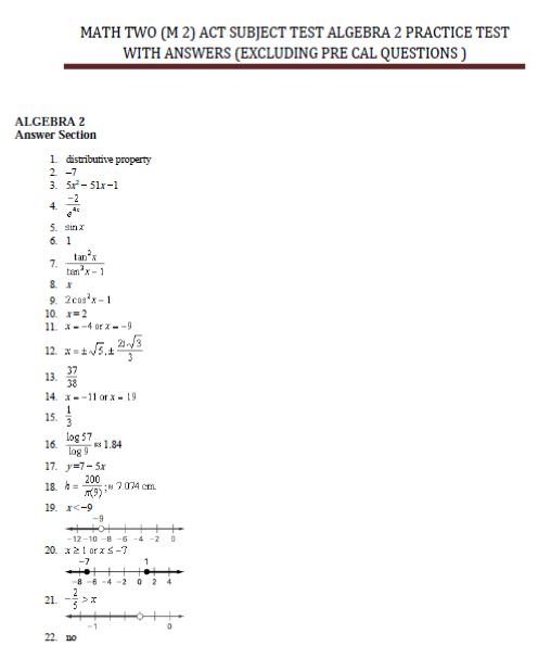 MATH 1 AND MATH 2 ACT PRACTICE QUESTIONS FOR M1/M2 SUBJECT TESTS AS PER ...