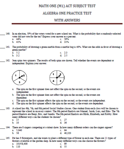 MATH 1 AND MATH 2 ACT PRACTICE QUESTIONS FOR M1/M2 SUBJECT TESTS AS PER ...