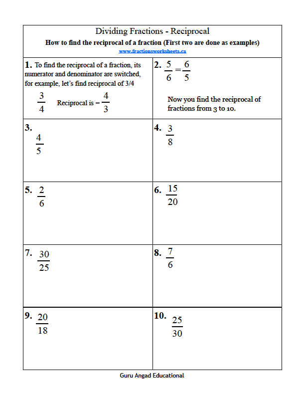 Reciprocal Dividing Fractions Worksheets
