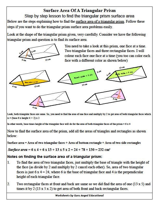 Surface Area Of A Triangular Prism Worksheet Surface Area Using A Net: