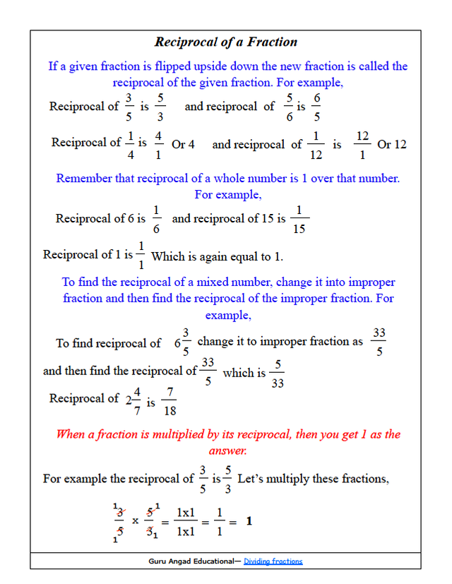 Reciprocal Dividing Fractions Worksheets