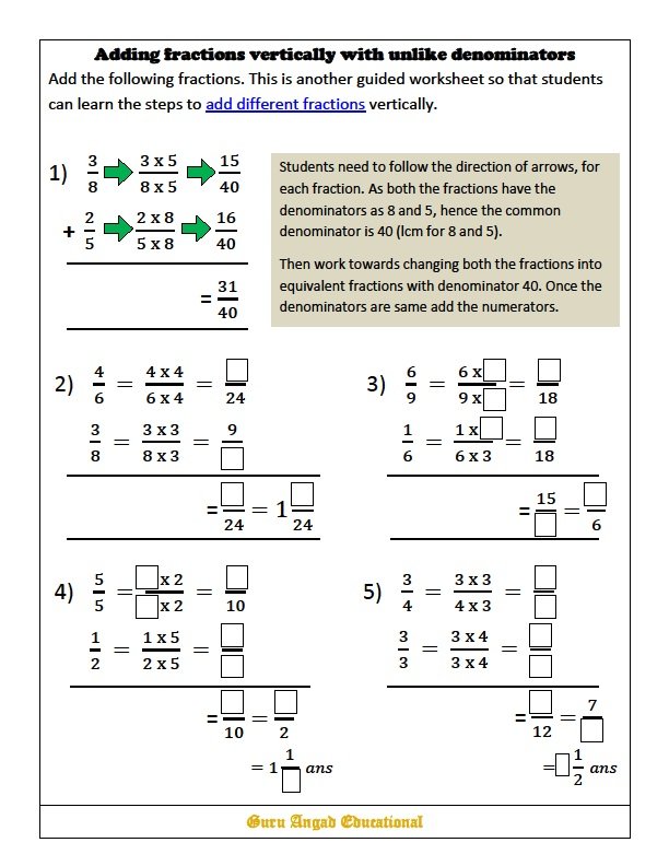 Adding Fractions With Unlike Denominators Worksheets Vertical