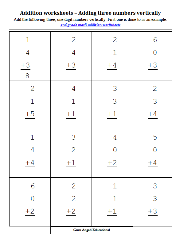 First Grade Adding Three Numbers Worksheets